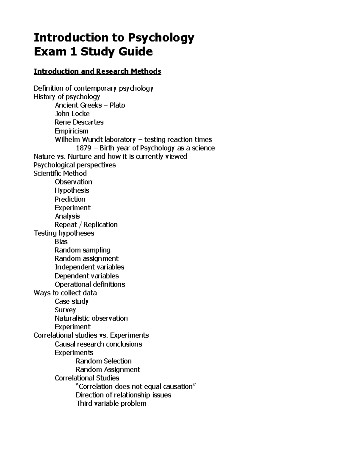 IVC Psyc 1 Study Guide Exam 1 - Introduction to Psychology Exam 1 Study ...
