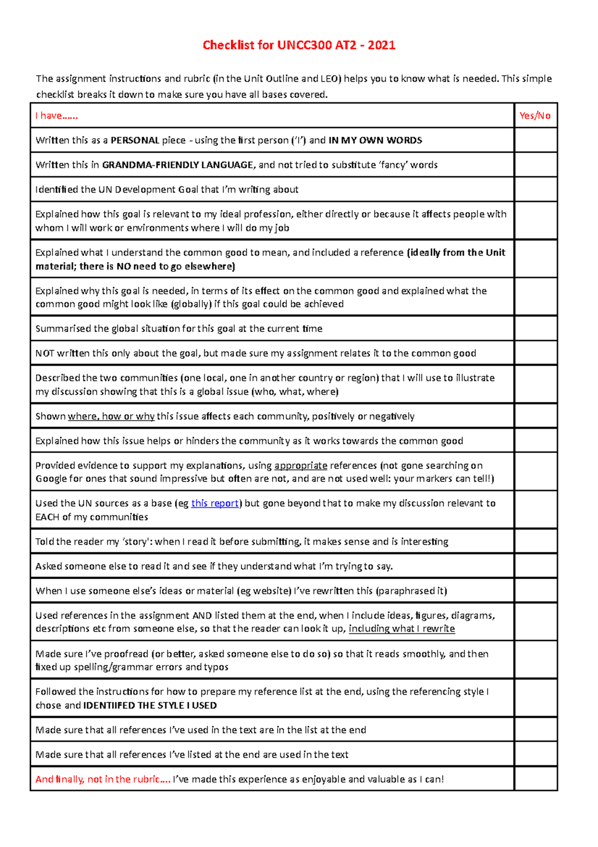 AT2 checklist 2021 - assessment check list - Checklist for UNCC300 AT2 ...