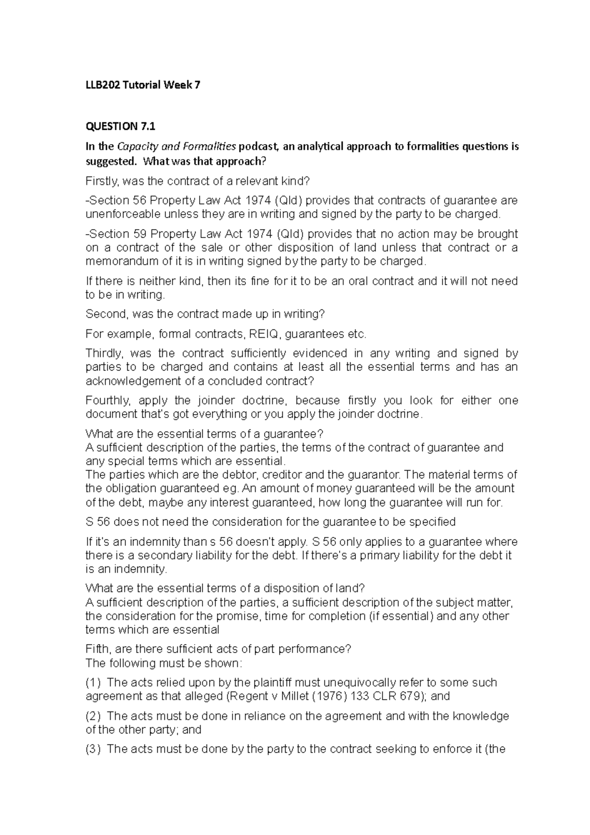 LLB202 Tutorial Week 7 - In the Capacity and Formalities podcast, an ...