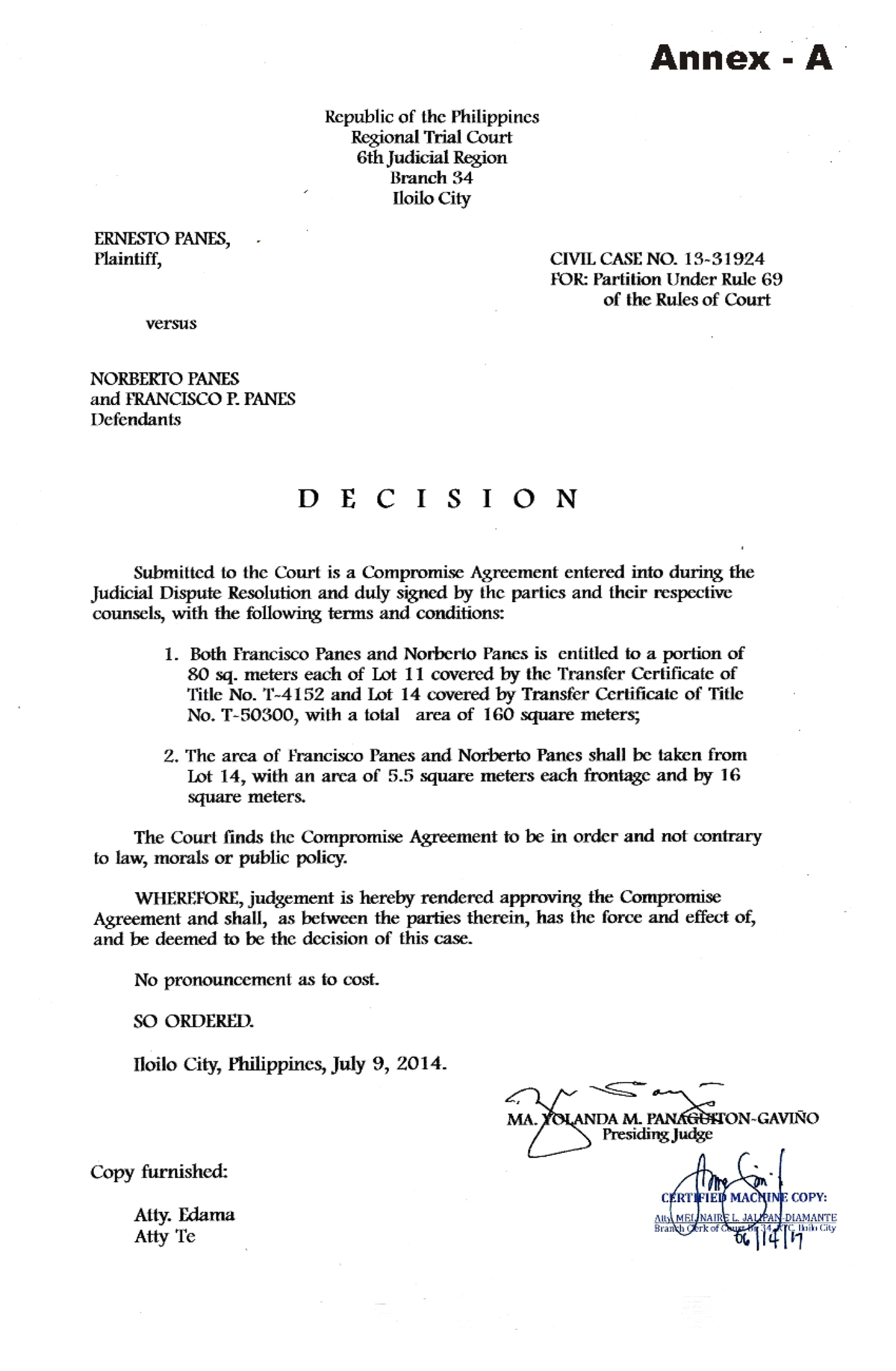 Annex - A Court Decision - Annex A Republic of the Philippines Regional Trial Court 6th Judicial ...