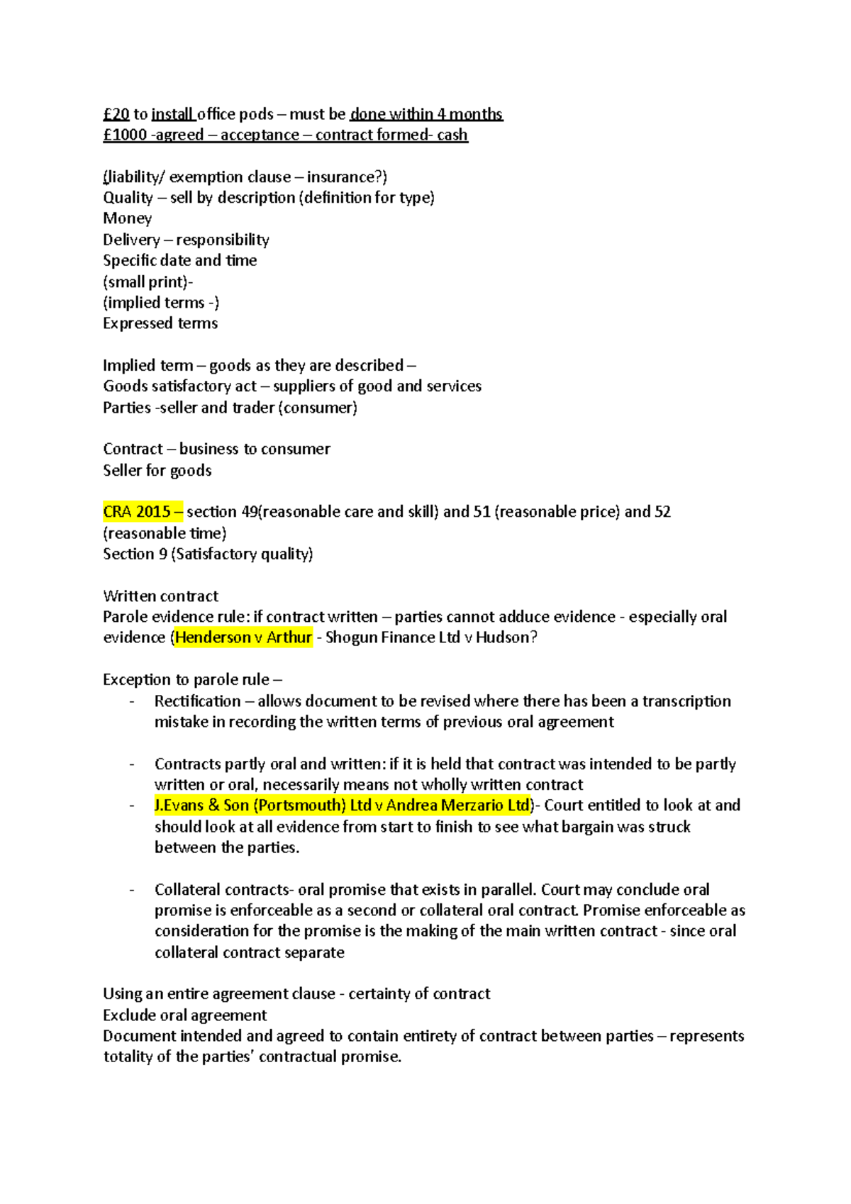 Contract tutorial 5 - £20 to install office pods – must be done within ...