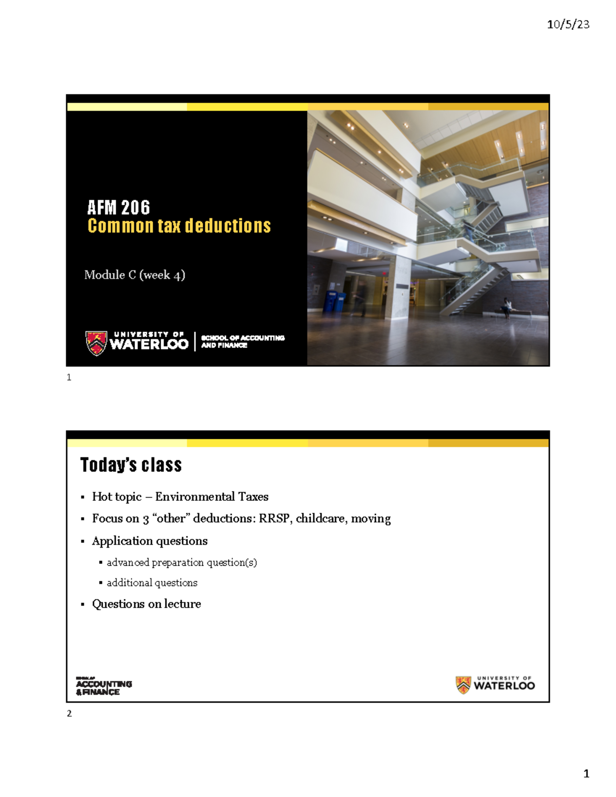 Mod C wk 4 inclass w soln - Week 4 practice solutions - AFM 206 Common tax deductions Module C ...