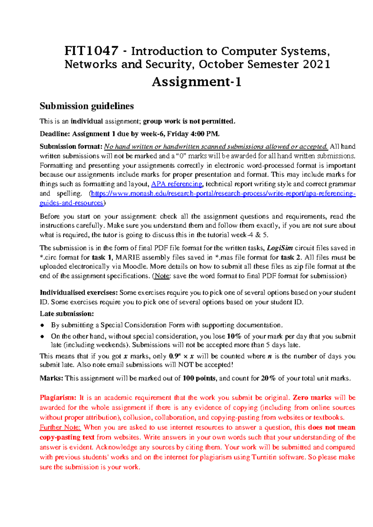 FIT1047 Assignment 2020 Sem 2 - FIT1047 - Introduction to Computer Systems, Networks and ...