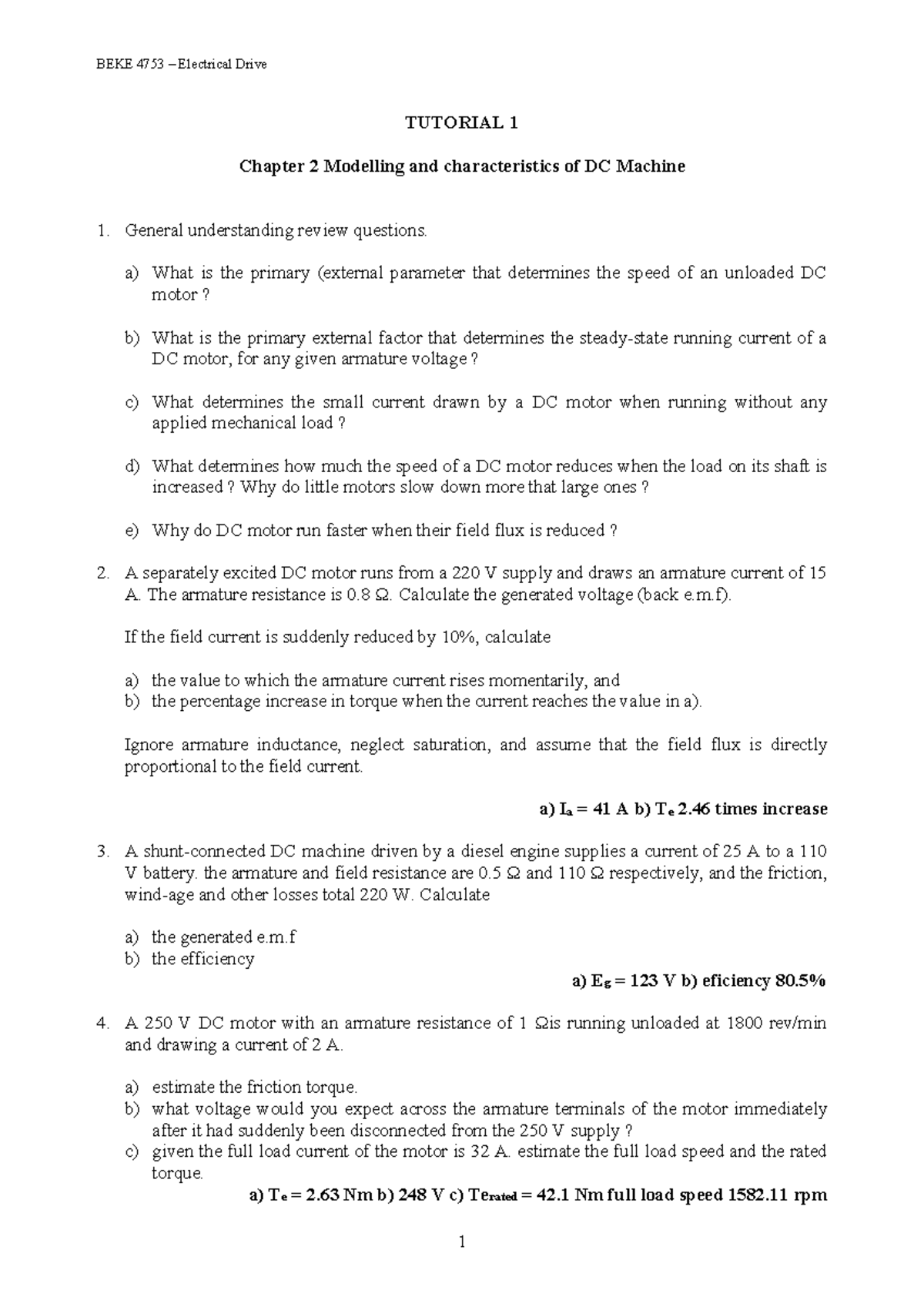 Tutorial 1 Modelling and characteristics - BEKE 4753 – Electrical Drive 1 TUTORIAL 1 Chapter 2 ...