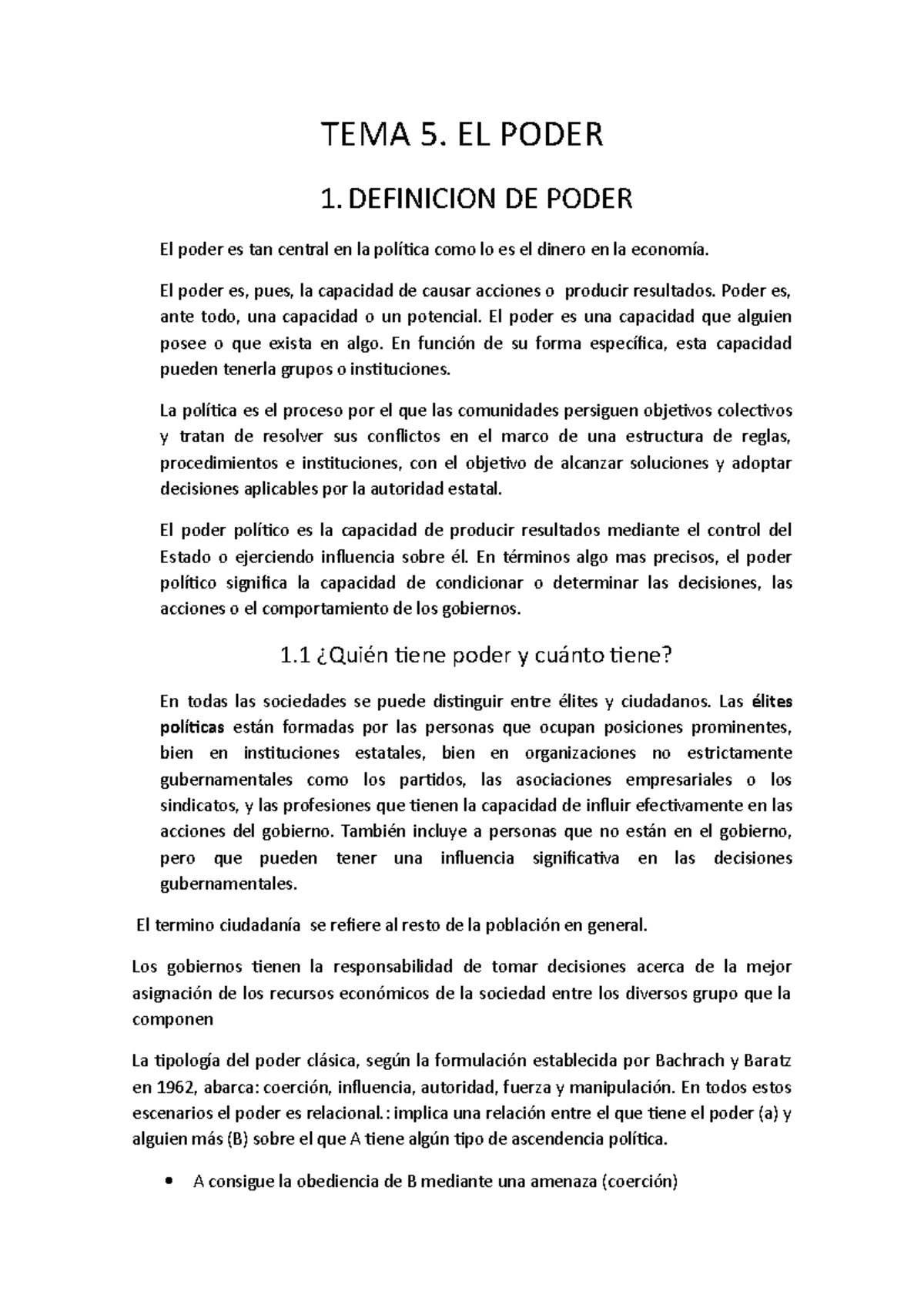 Tema 5, El poder - Apuntes 5 - TEMA 5. EL PODER 1. DEFINICION DE PODER ...
