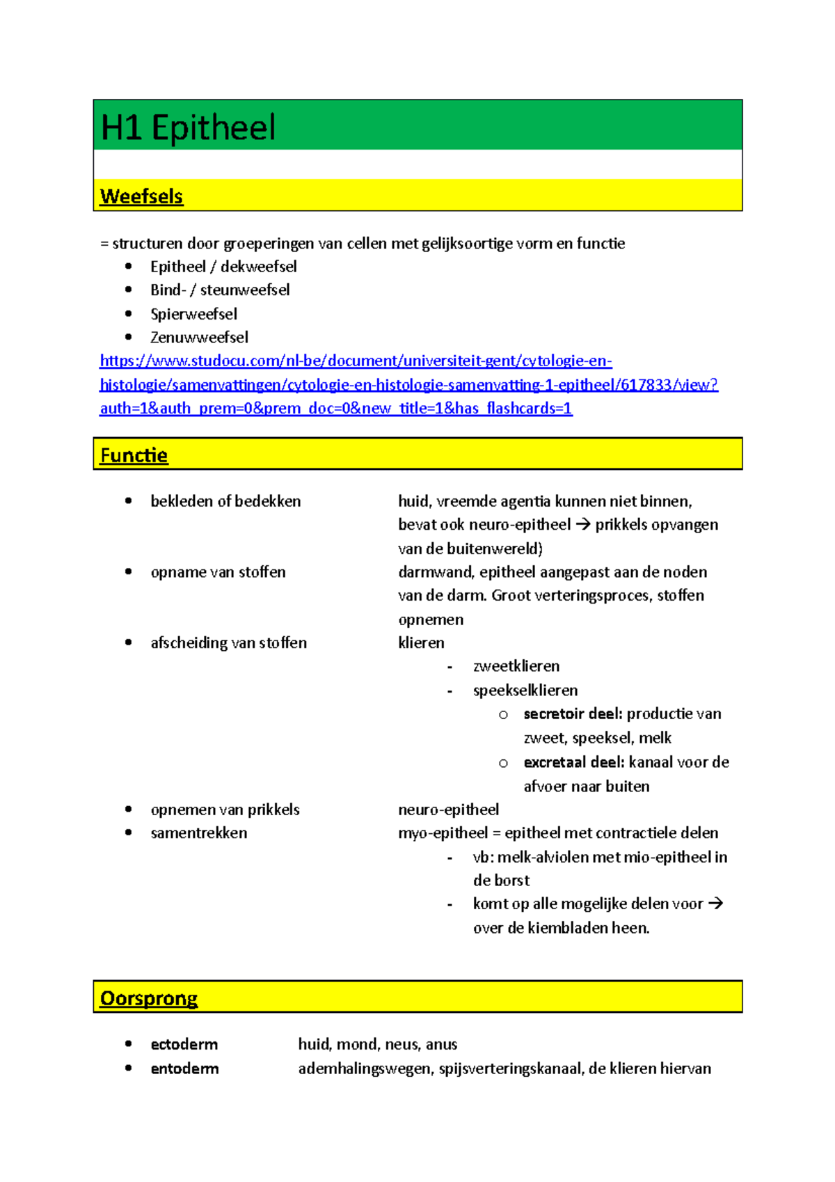 H1 Epitheel - Groot verteringsproces, stoffen opnemen klieren ...
