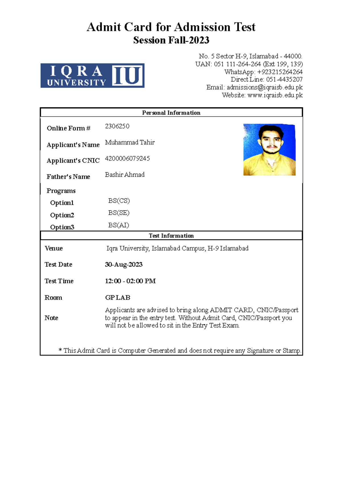 Roll no slip - I am a Fresh Student in BS Computer Science at Iqra University - Admit Card for ...