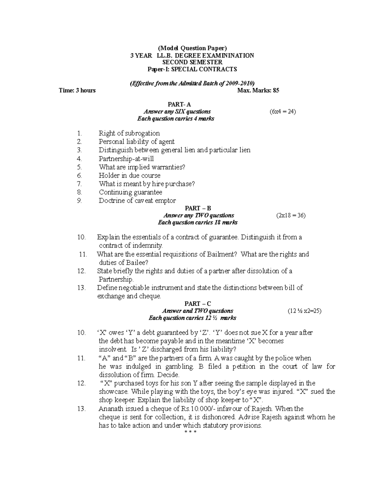 Model Question Paper for important subjects in law - B.A.LL.B - Studocu
