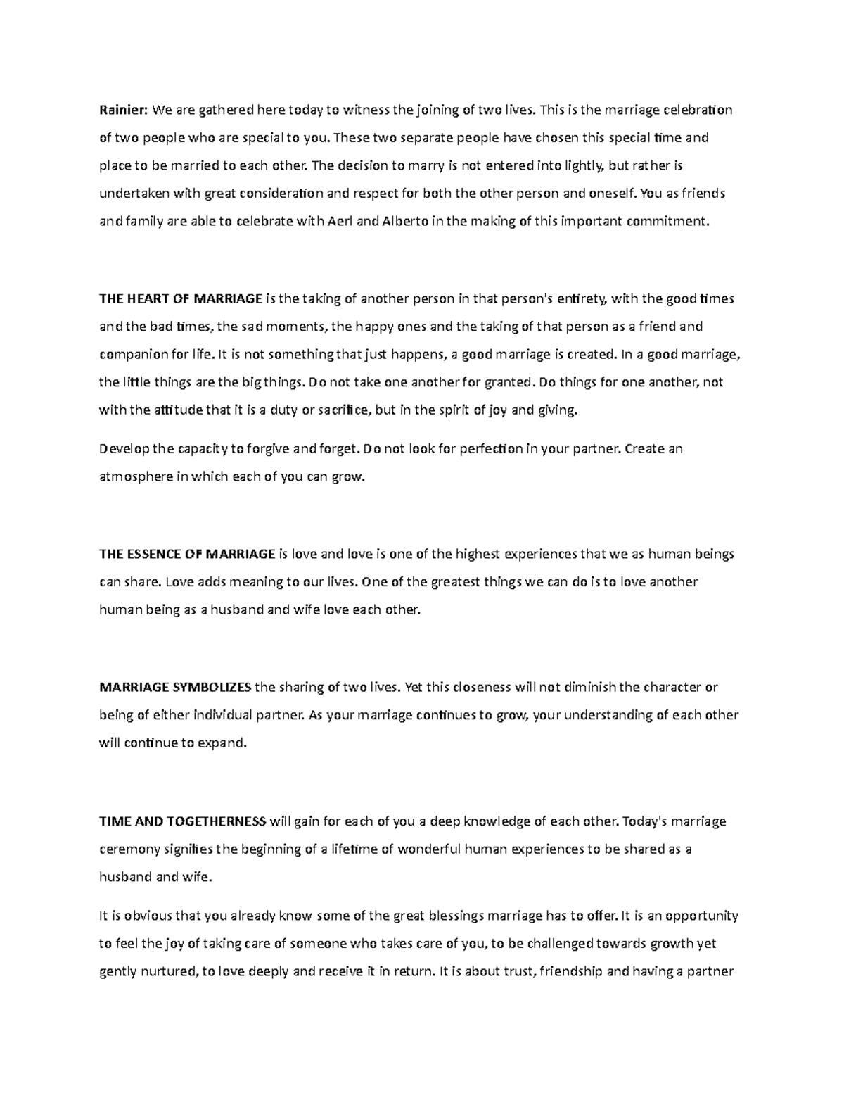 Wedding script - ... - Rainier: We are gathered here today to witness ...
