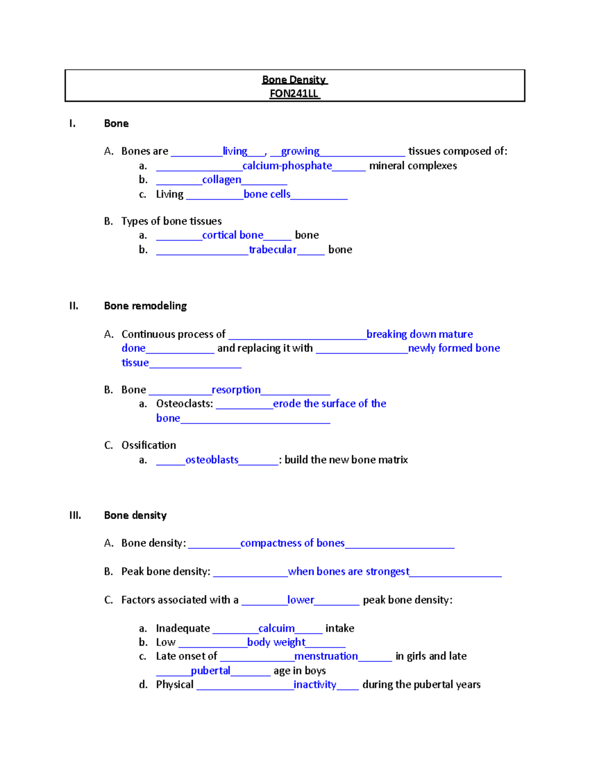 Bone+Density+outline - Bone Density FON241LL I. Bone A. Bones are ...