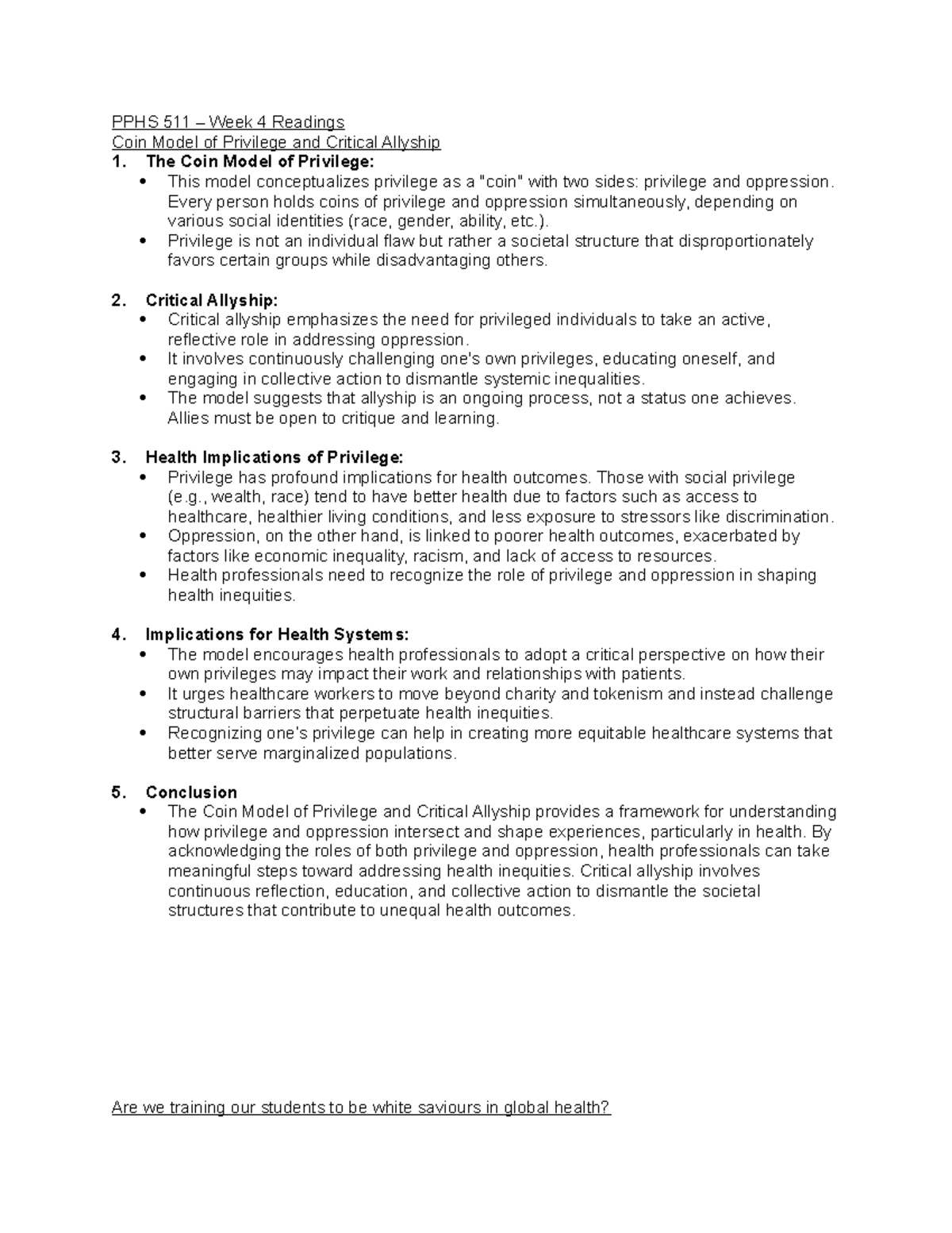 PPHS Week 4 Reading Notes - PPHS 511 – Week 4 Readings Coin Model of ...