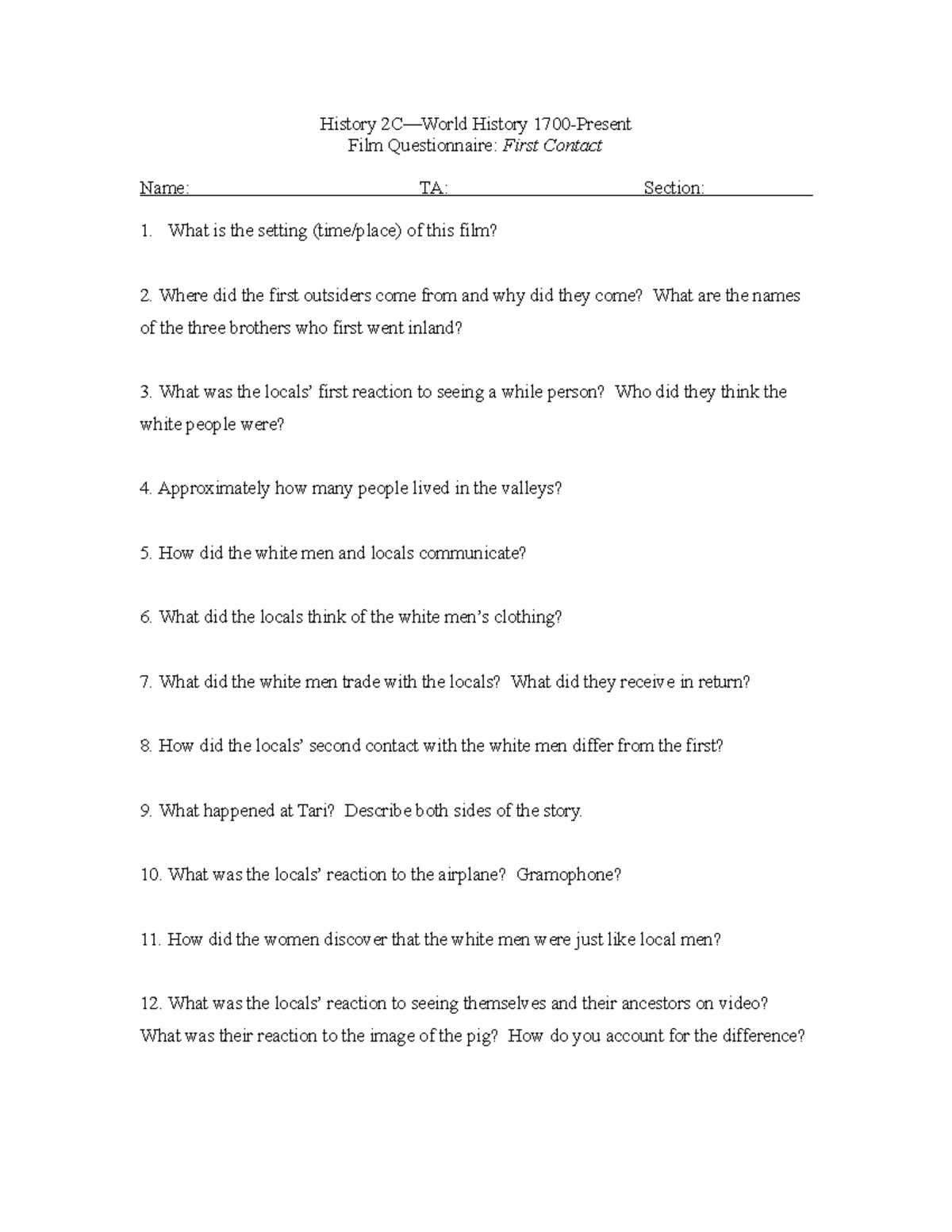First contact worksheet - History 2C—World History 1700-PresentFilm ...