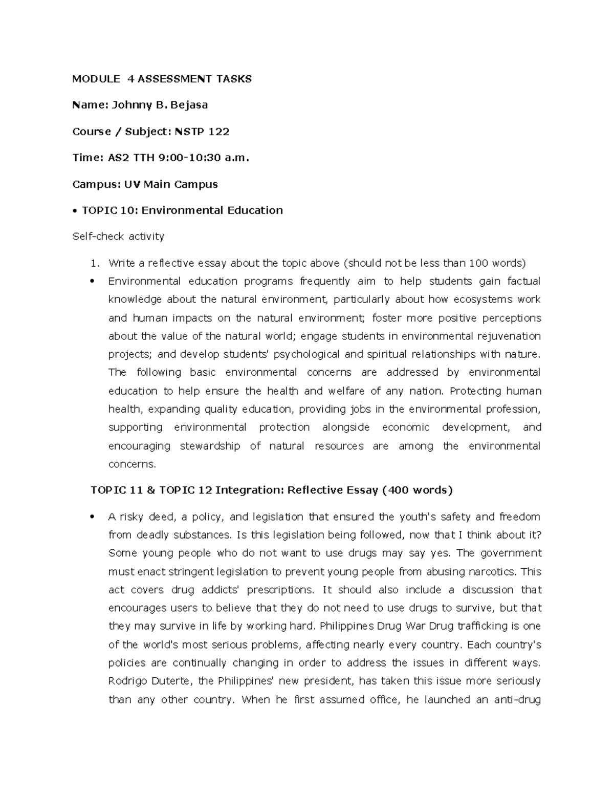 Module 4 Assessment Tasks - MODULE 4 ASSESSMENT TASKS Name: Johnny B ...