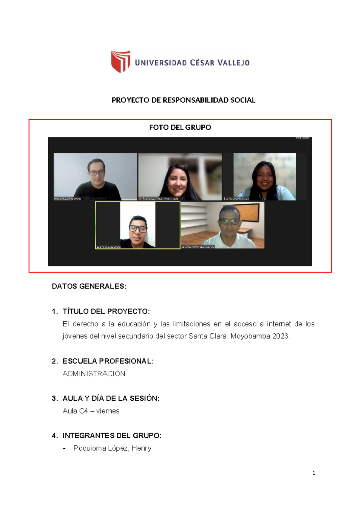 Proyecto DE Responsabilidad Social - PROYECTO DE RESPONSABILIDAD SOCIAL DATOS GENERALES: 1 ...