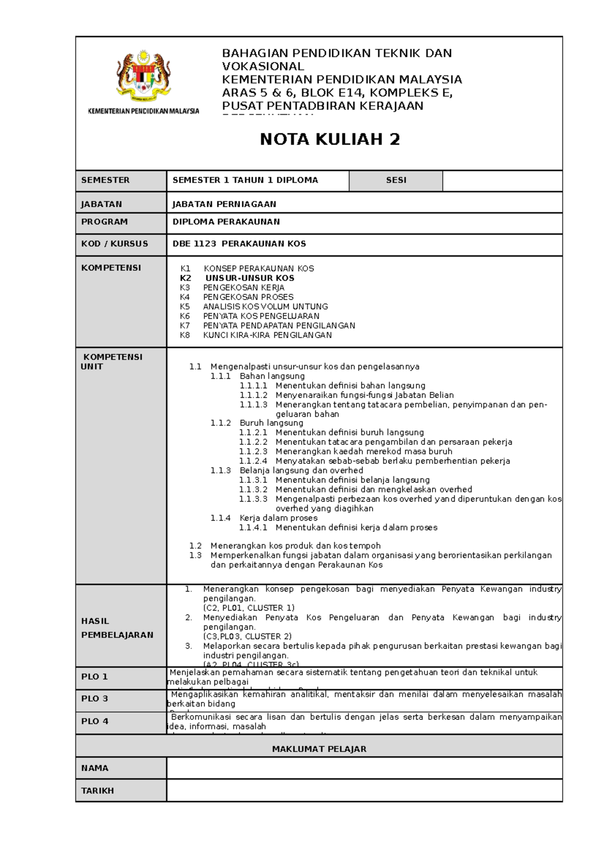 DBE1123 NOTA Kuliah 2 - Costing - NOTA KULIAH 2 SEMESTER SEMESTER 1 ...