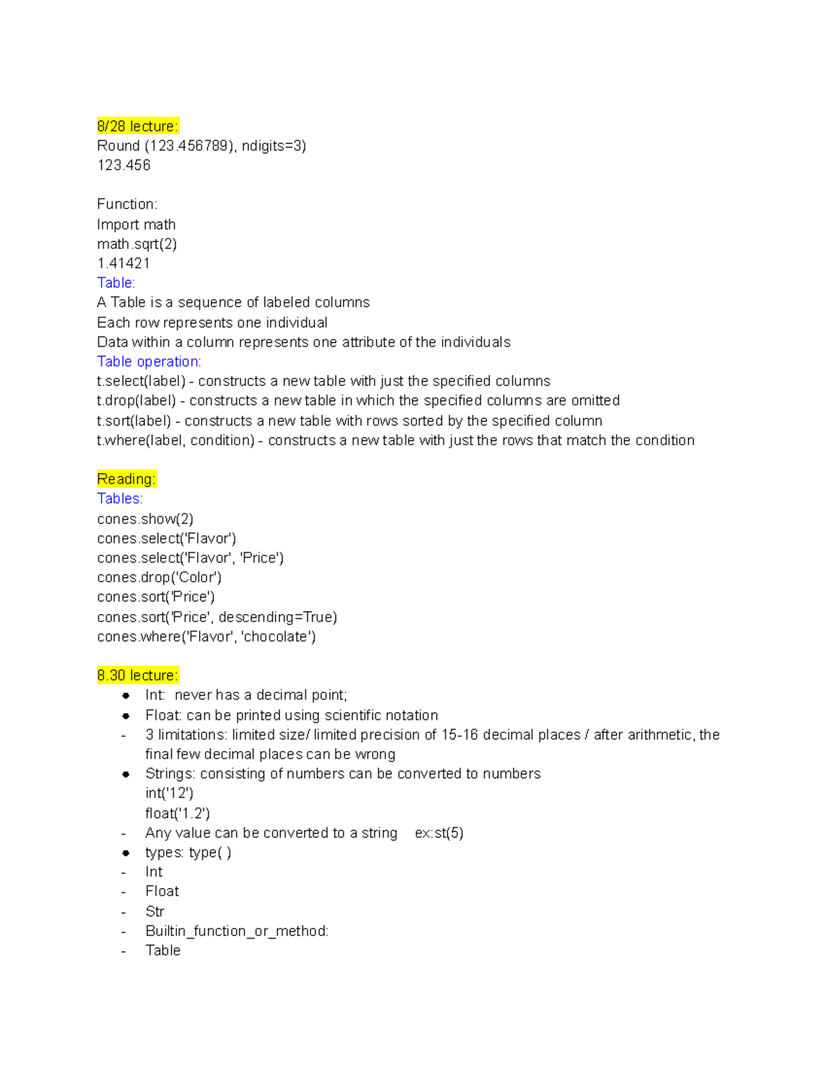 C8 Notes - 8/28 lecture: Round (123), ndigits=3) 123. Function: Import ...