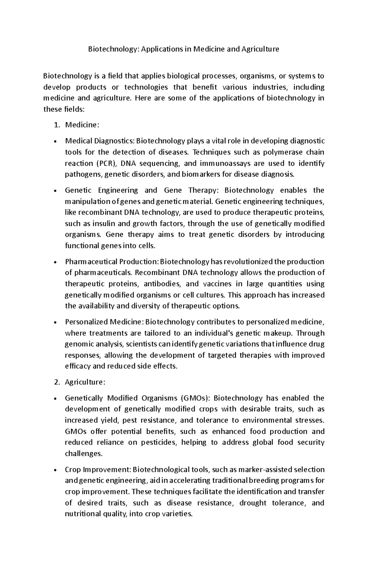 Biotechnology Applications in Medicine and Agriculture - Biotechnology ...