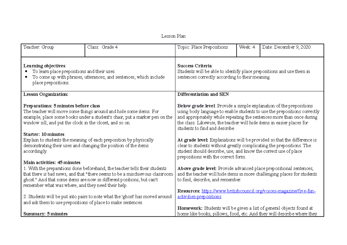 Study plan - Lesson Plan Teacher: Group Class: Grade 4 Topic: Place ...
