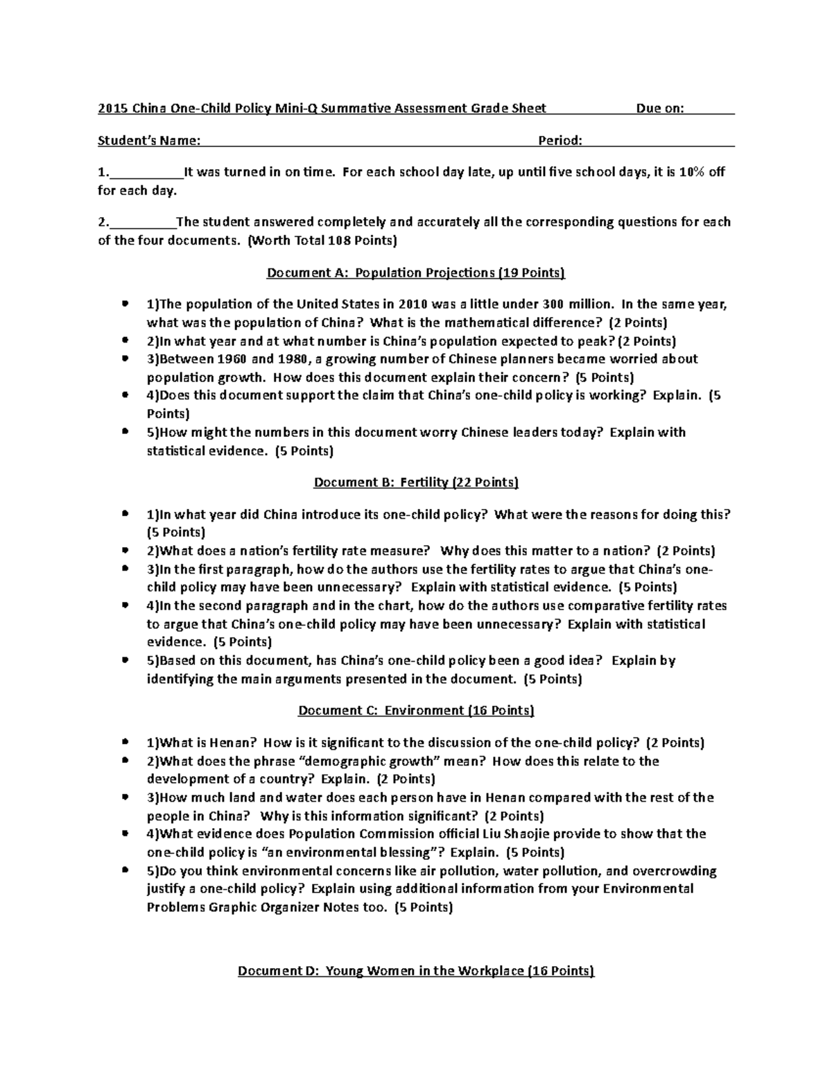 2015 chinaonechildpolicyminiqsummativeassessmentgradesheet - 2015 China ...