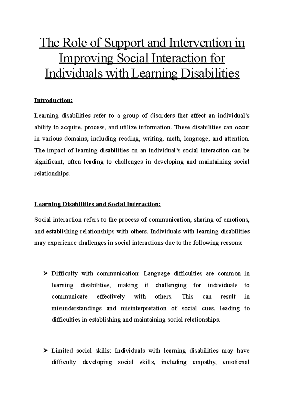 The Role of Support and Intervention in Improving Social Interaction ...