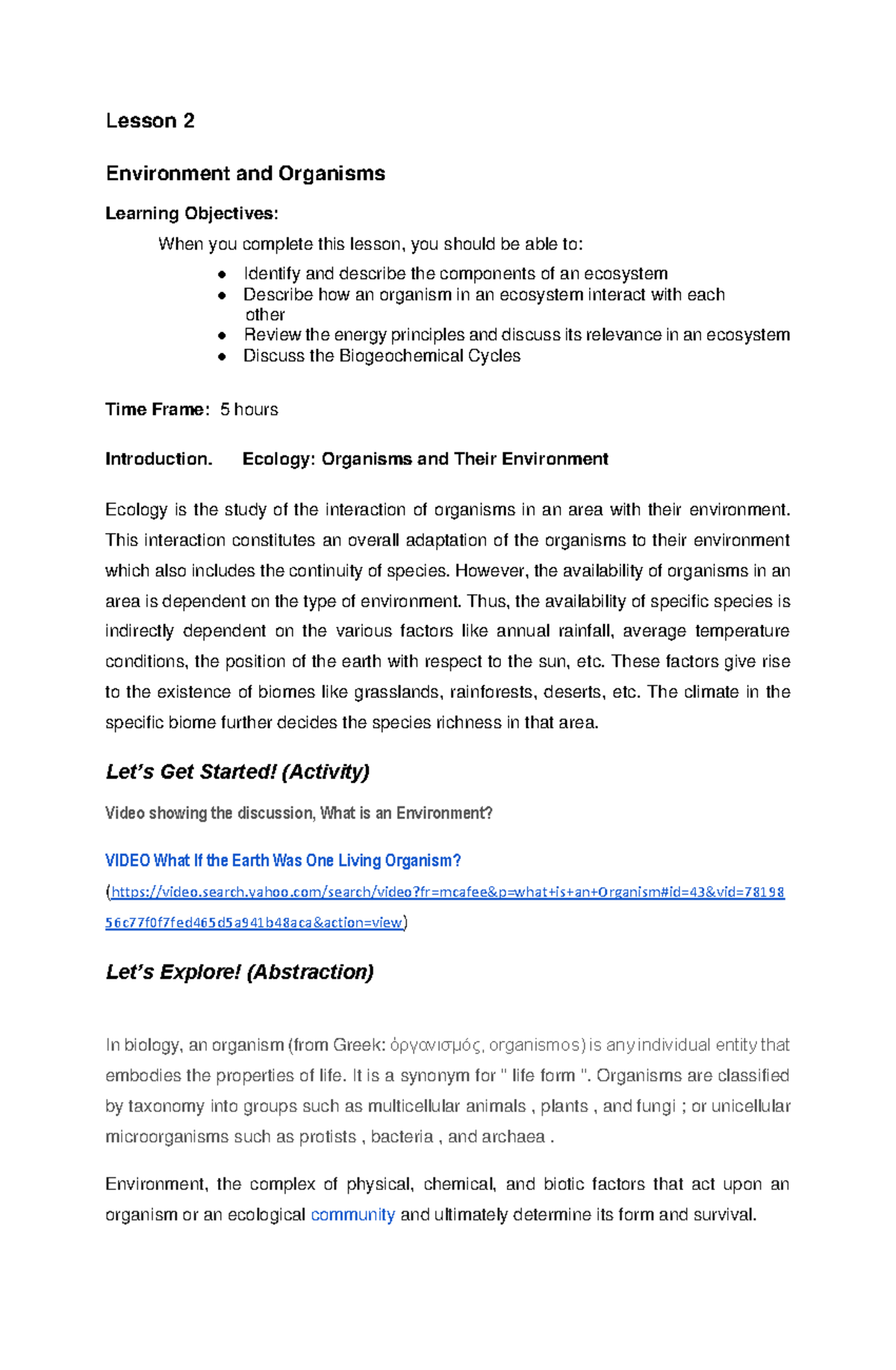Lesson 2 - Environment and Organisms - Lesson 2 Environment and ...