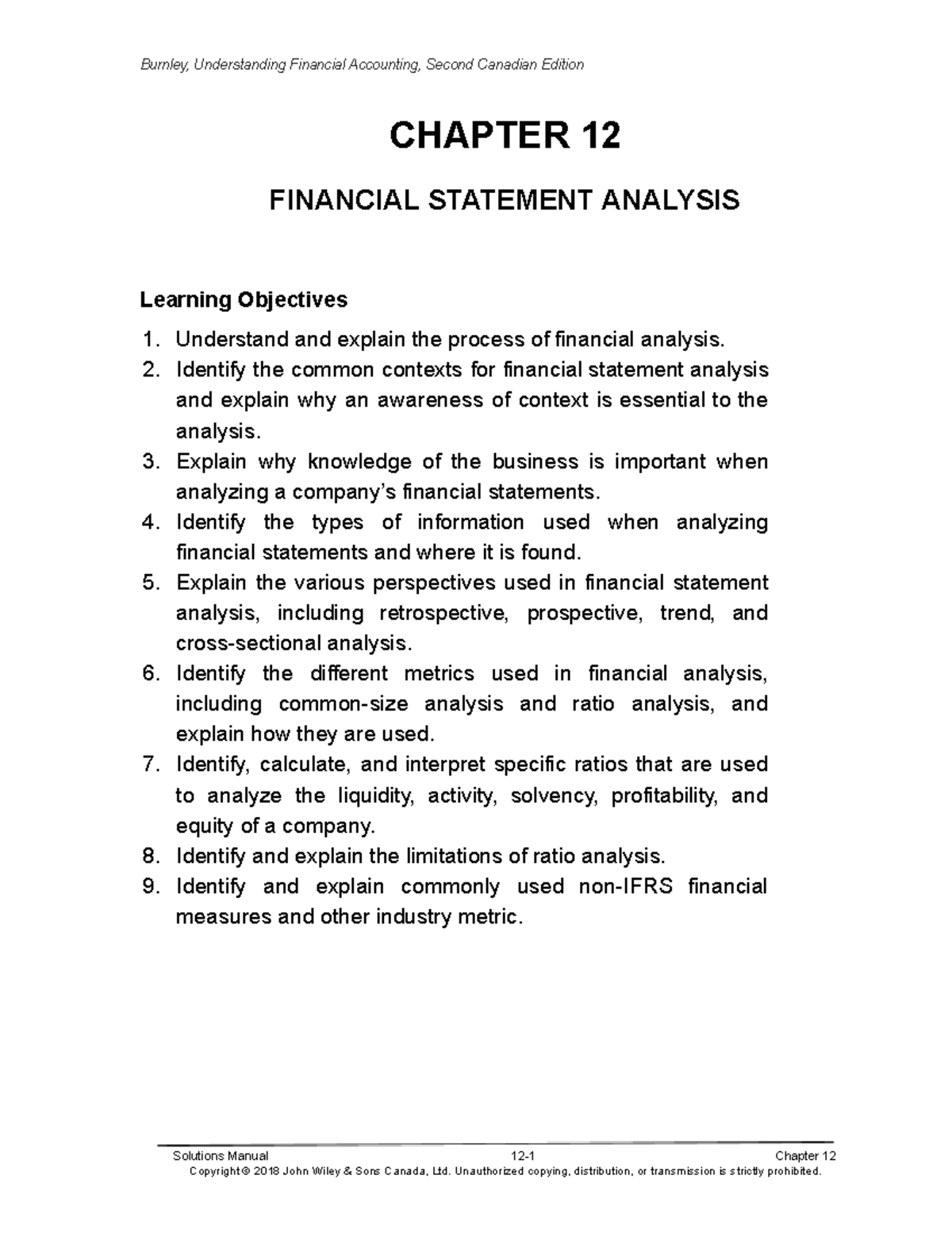 ACTG2010 - Chapter 12 - 2018 - CHAPTER 12 FINANCIAL STATEMENT ANALYSIS Learning Objectives 1 ...