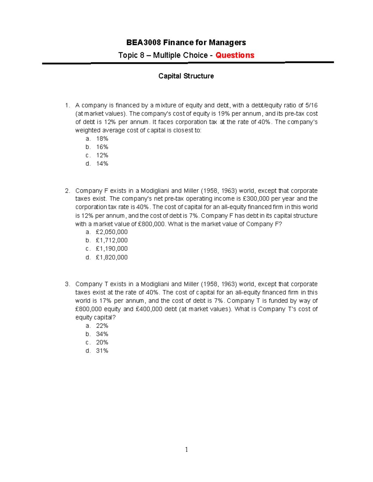 Capital Structure MCQ - 1 BEA3008 Finance for Managers Topic 8 ...