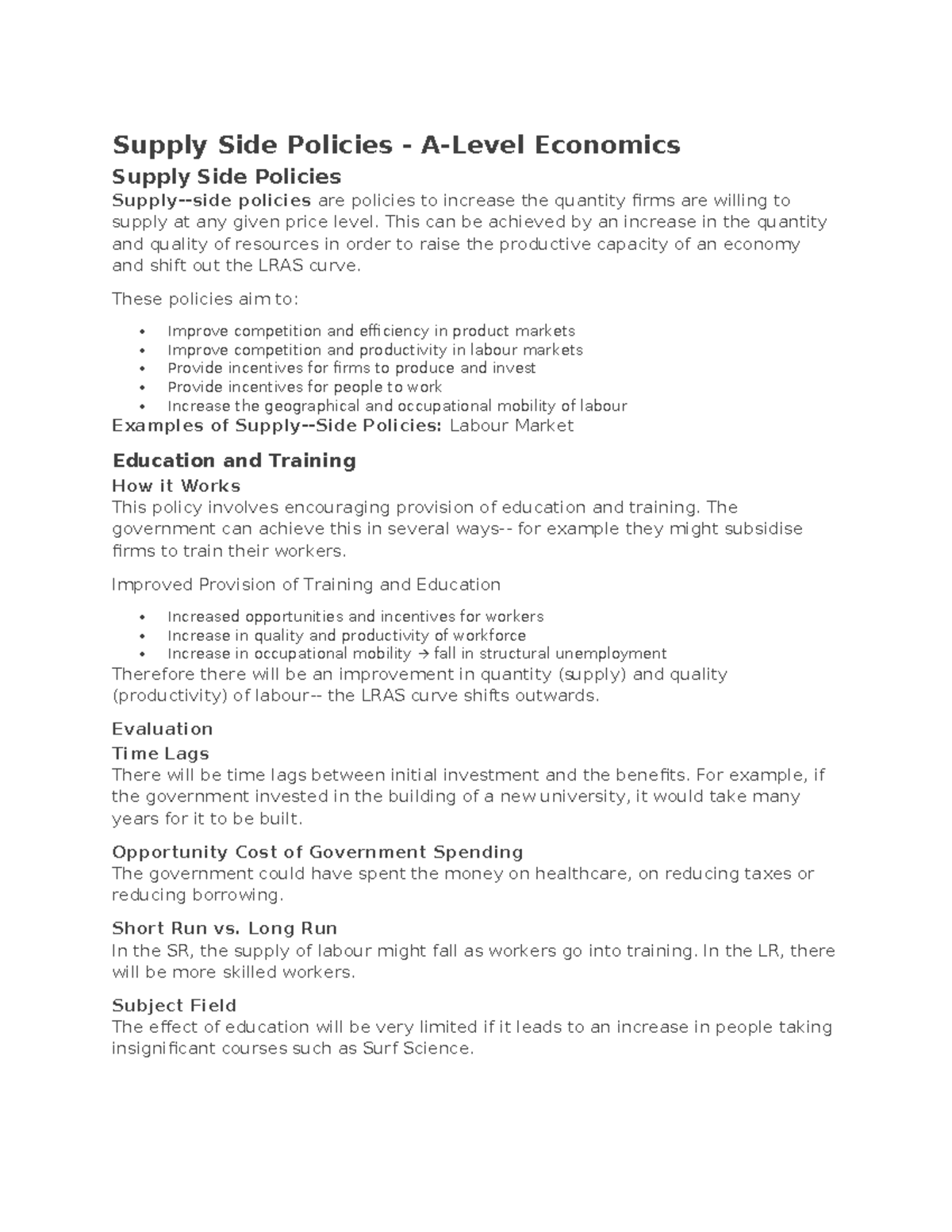 Economics - econ lecture notes - Supply Side Policies - A-Level ...