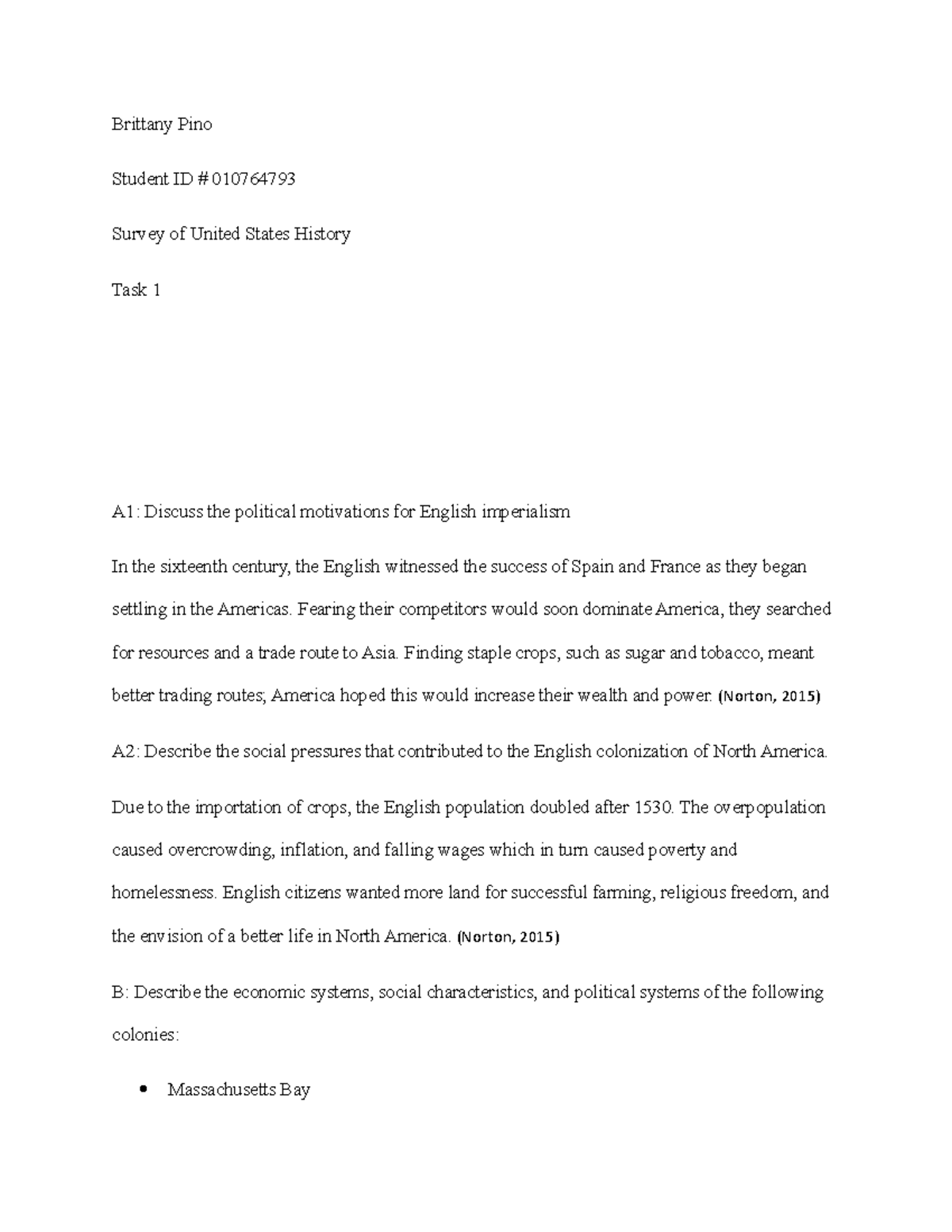 United States History Task 1 - Brittany Pino Student ID # 010764793 ...
