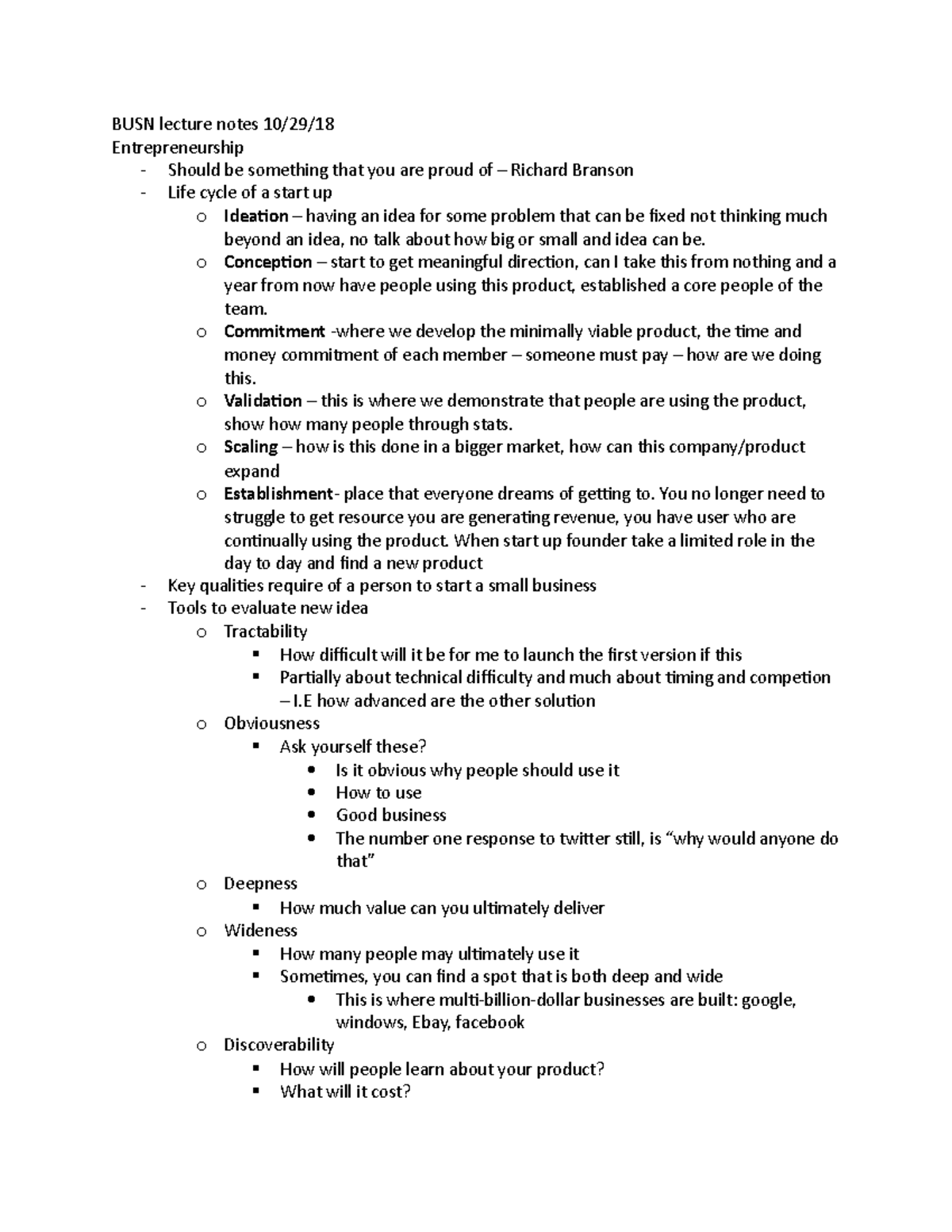 BUSN Entrepreneurship - BUSN lecture notes 10/29/ Entrepreneurship ...