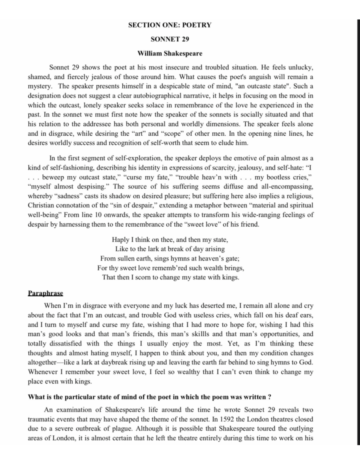 -Poetry(Chapters 1 & 2)-Sonnet 29 by William Shakespeare & Ode To ...