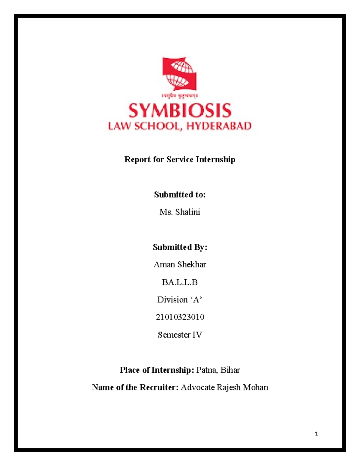 Service Internship - Report for Service Internship Submitted to: Ms ...