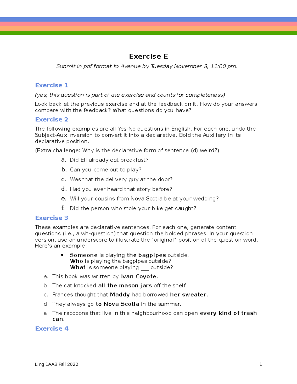 Exercise E - Exercise E Submit in pdf format to Avenue by Tuesday ...