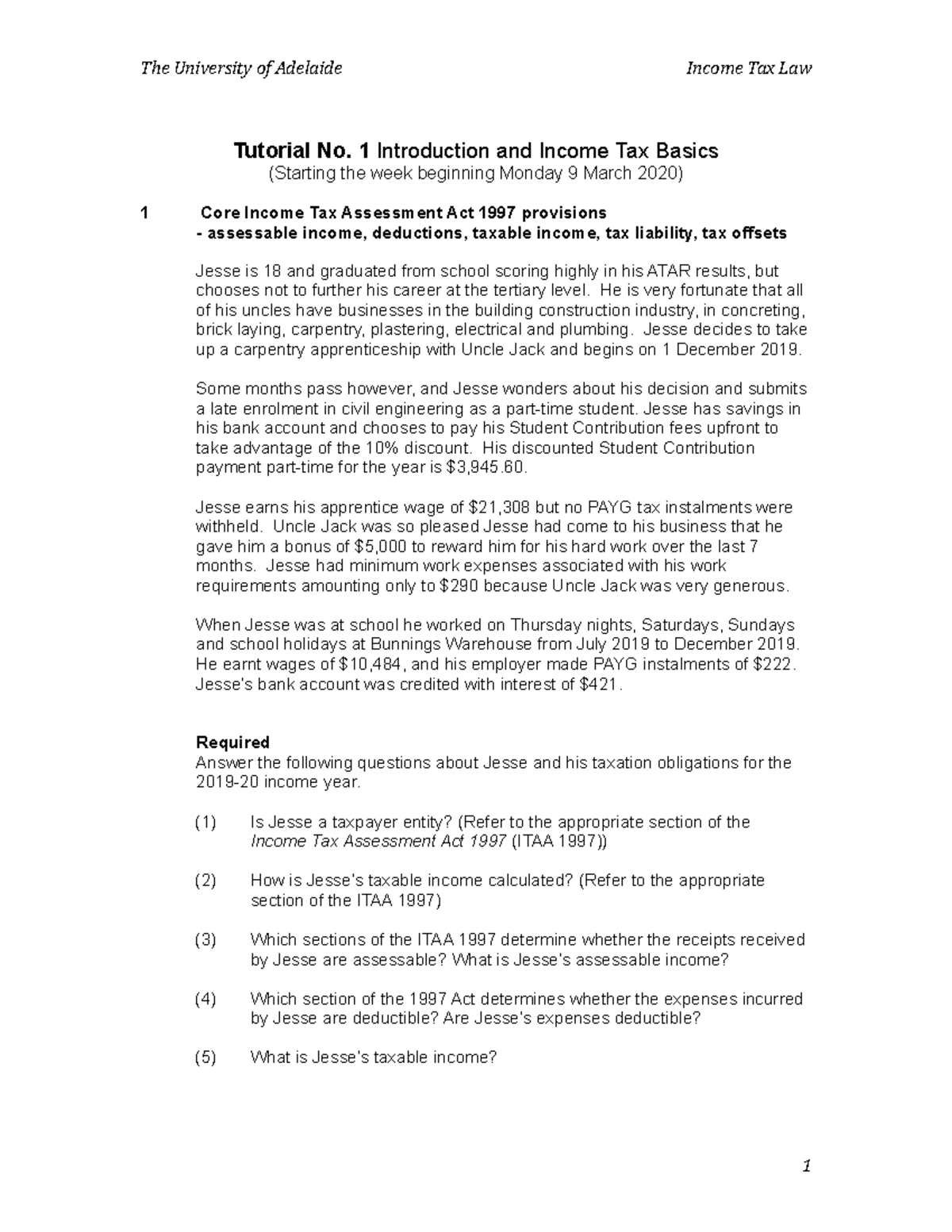Tutorial No 1 Introduction and Income Tax Basics-3 - The University of ...