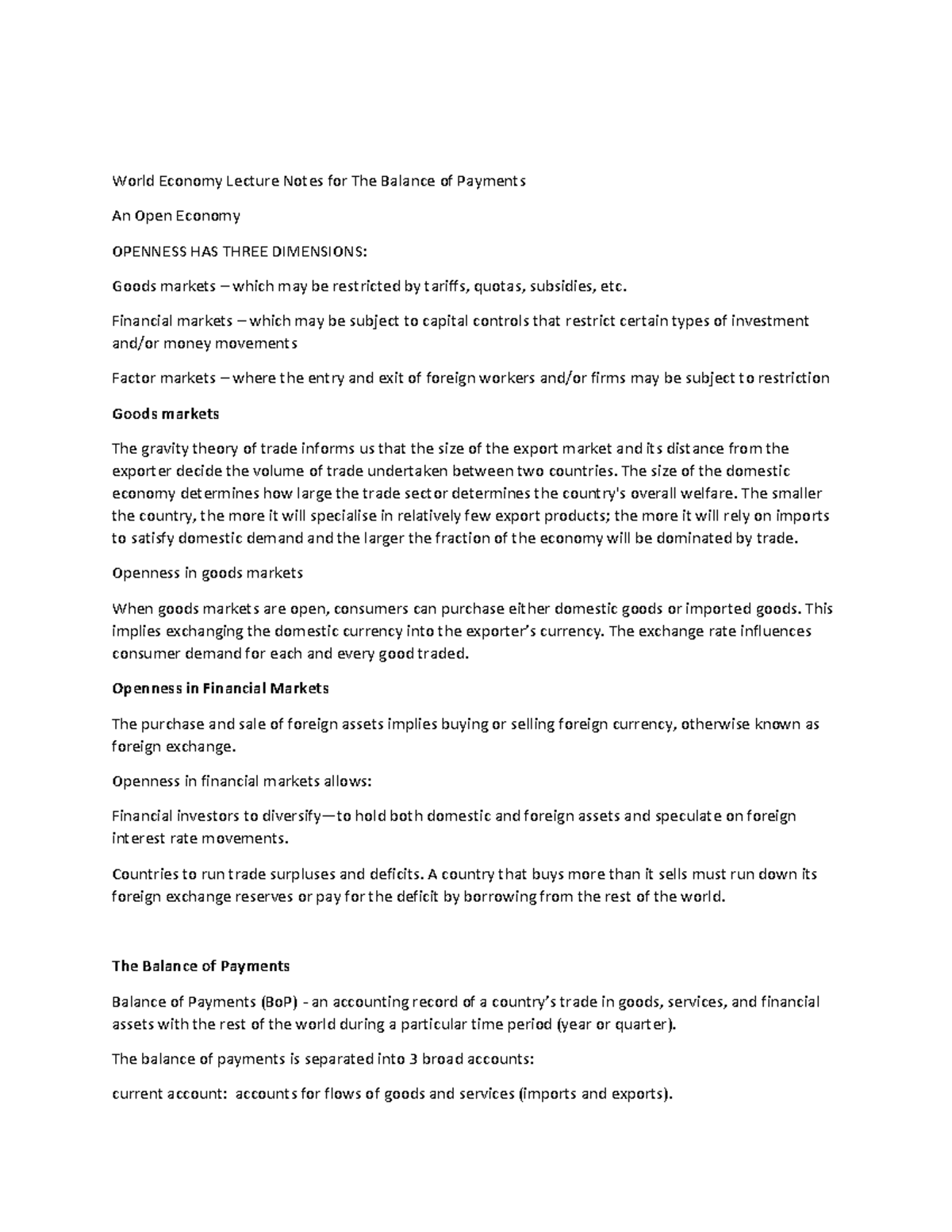 World Economy Lecture BOP notes - World Economy Lecture Notes for The ...
