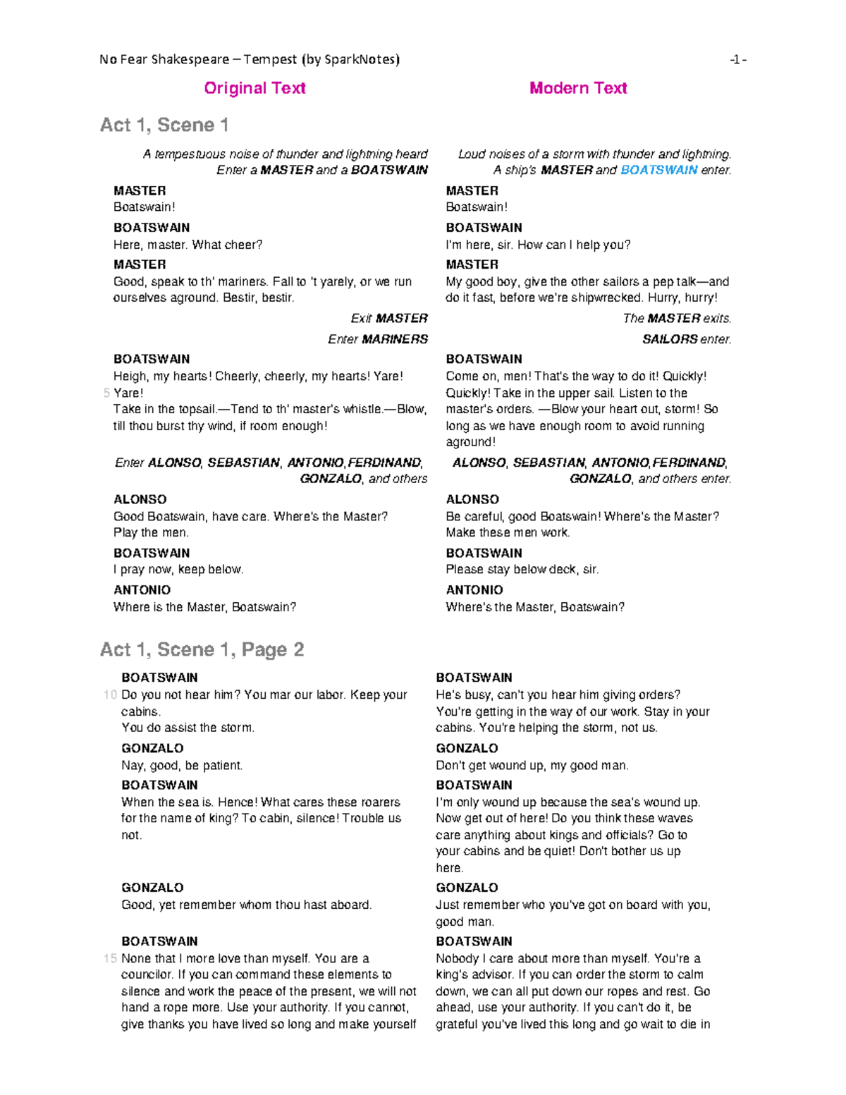 Tempest No Fear Shakespeare Translation - Original Text Modern Text Act ...