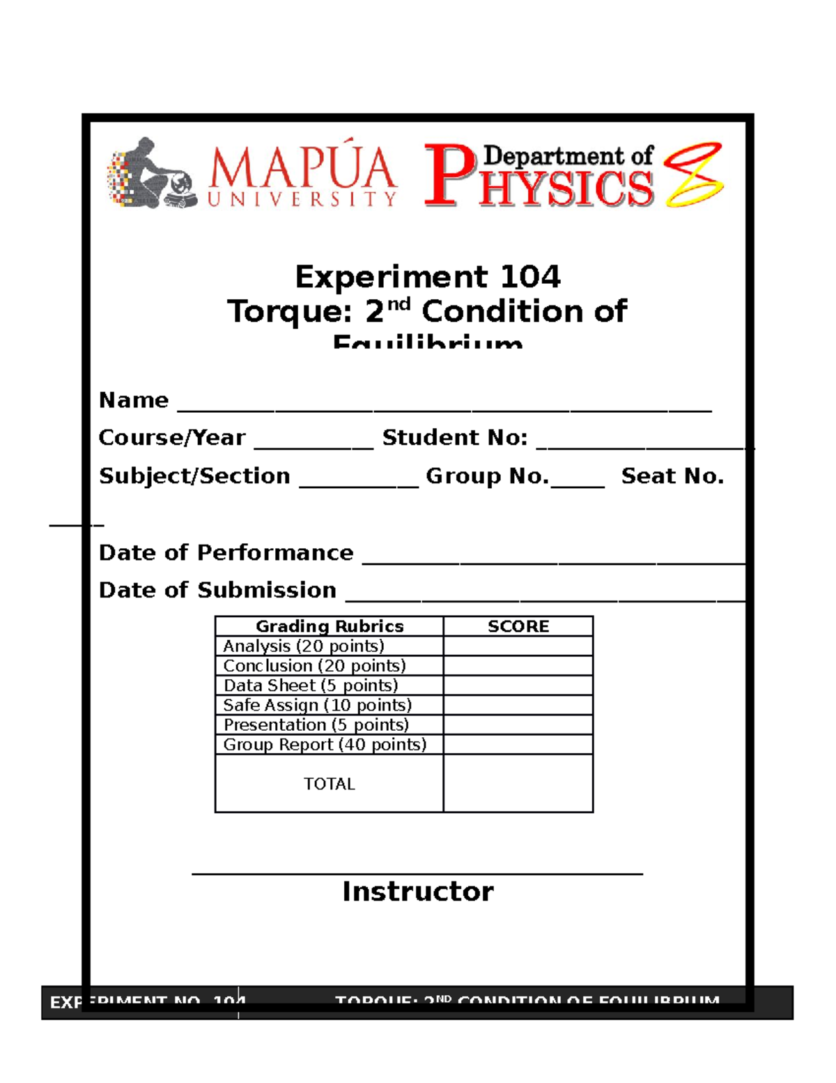 Experiment-104-Torque Second-Condition-of-Equilibrium - Name - Studocu