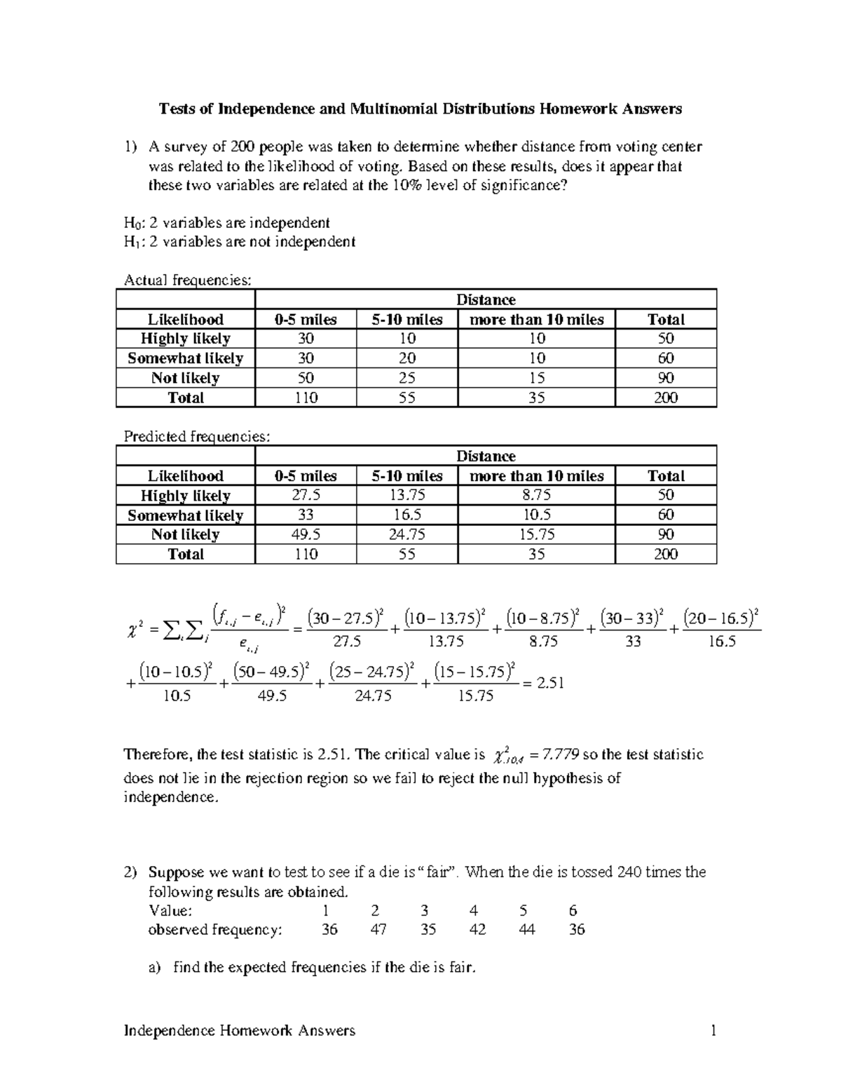 Chi Squared Assignment Answers - Tests of Independence and Multinomial ...