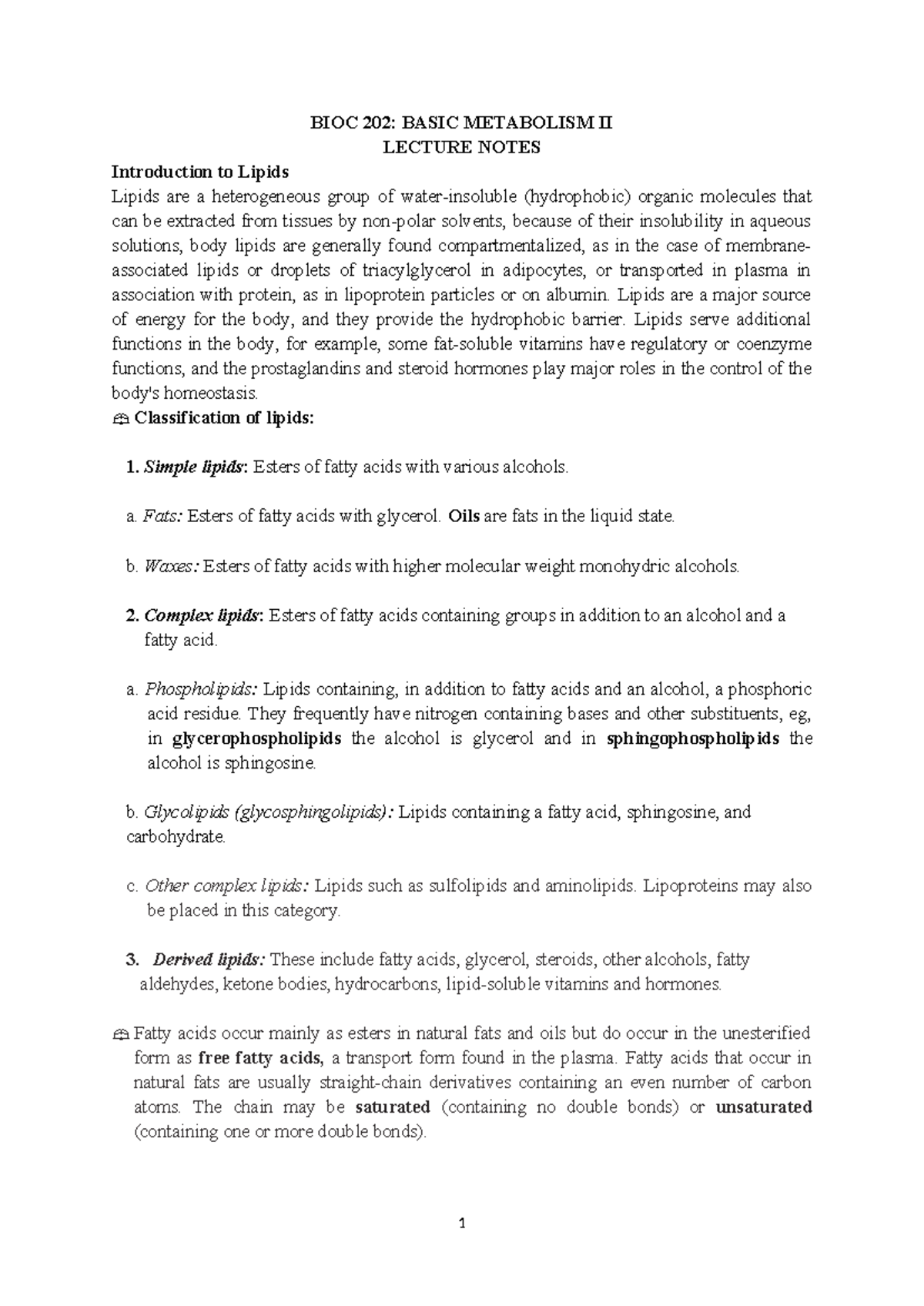1675428636361 Lipids AND Fatty ACID Oxidation-1 - BIOC 202: BASIC ...