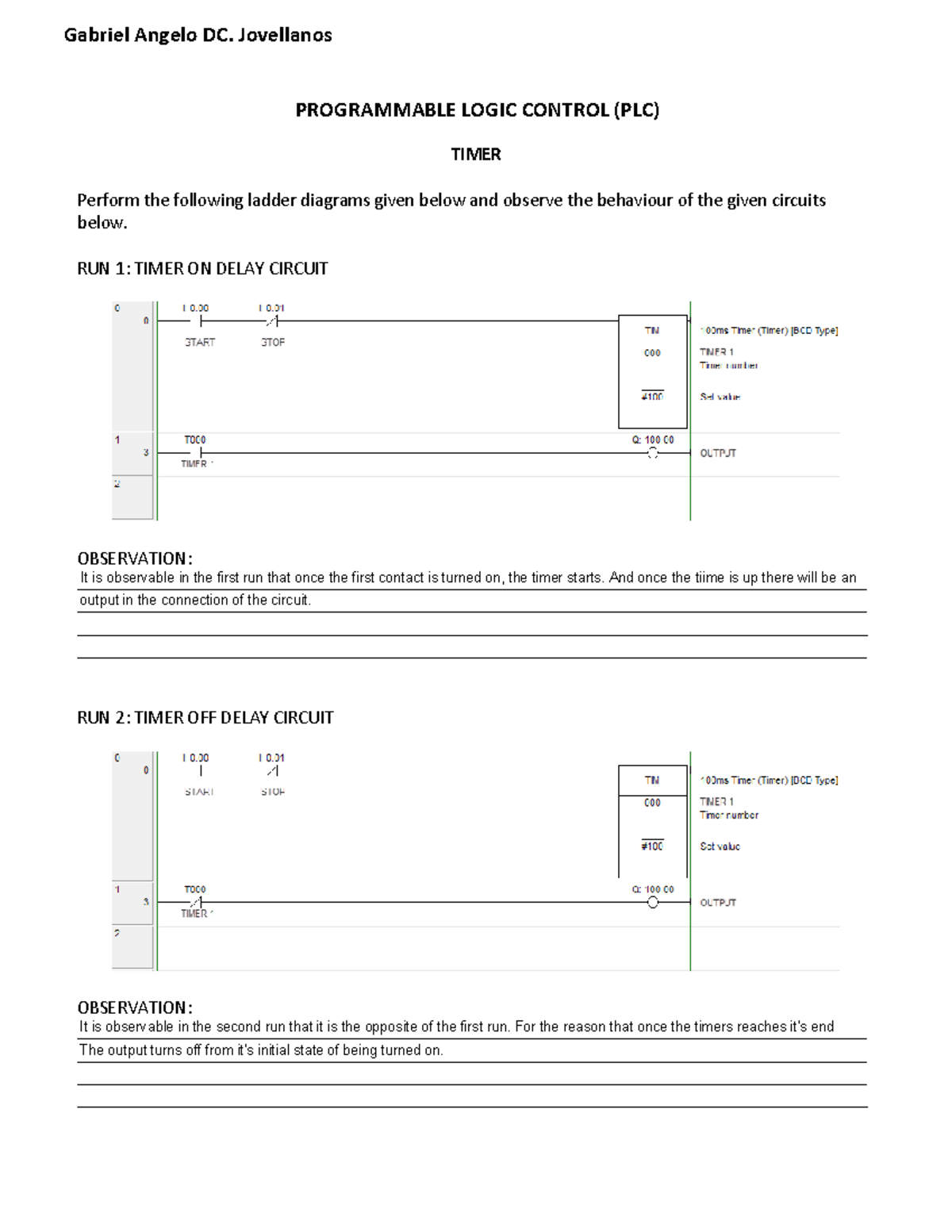 Laboratory 3 Timer Jovellanos - PROGRAMMABLE LOGIC CONTROL (PLC) TIMER ...