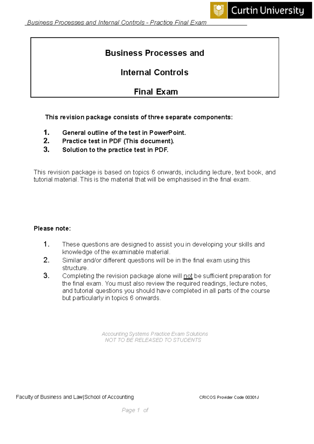 Sample/practice exam - Business Processes and Internal Controls Final ...
