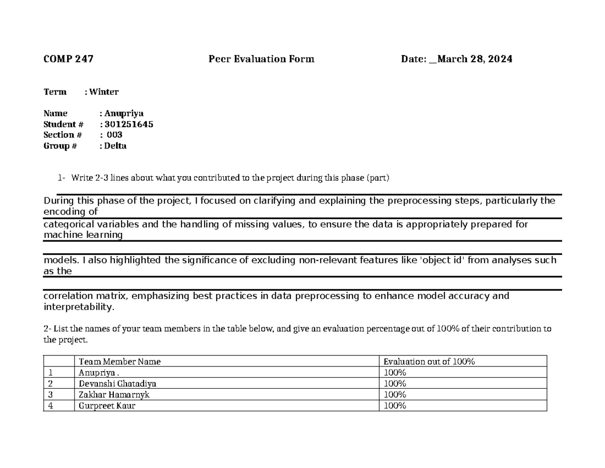 COMP 247 Project Peer Evaluation Form - COMP 247 Peer Evaluation Form ...