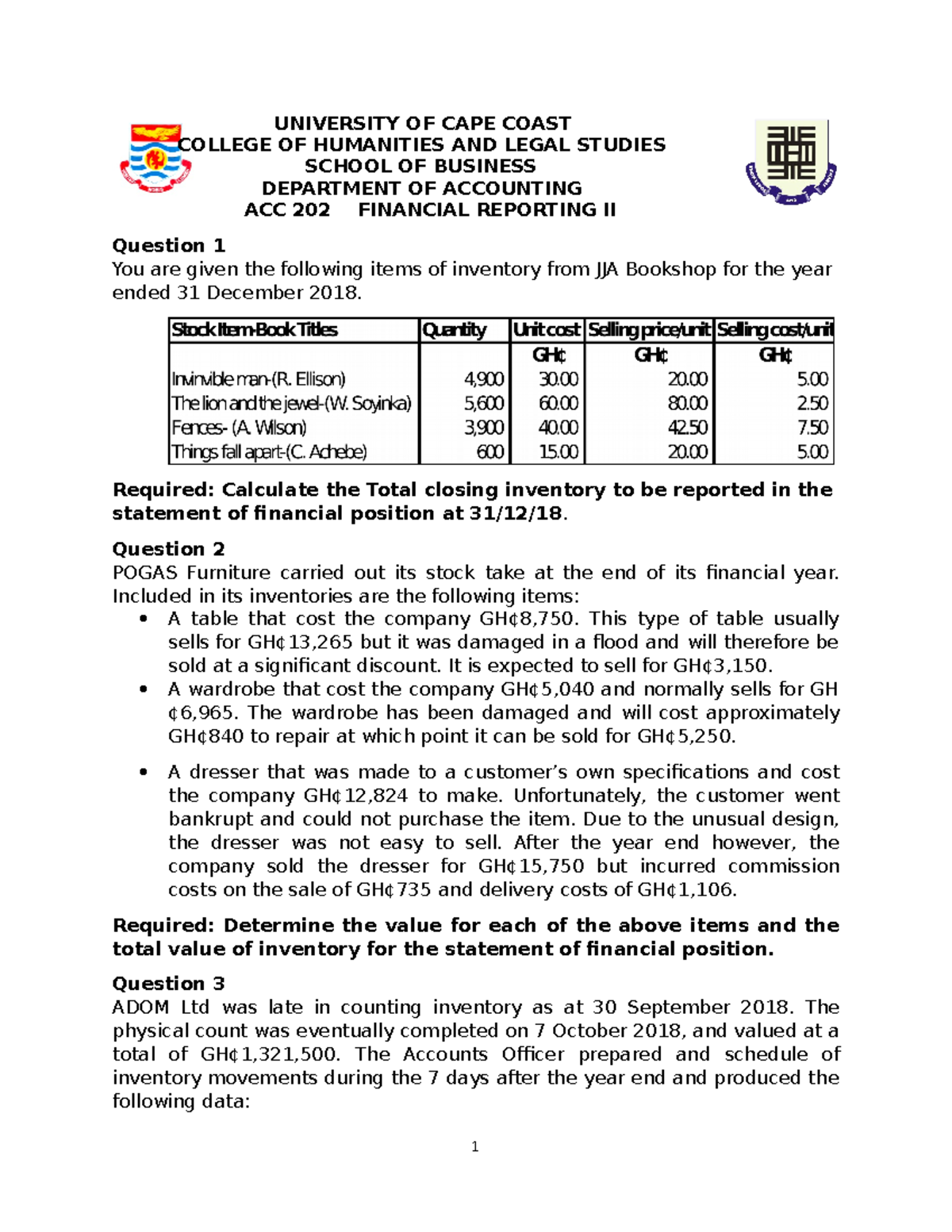 ACC2020-Practise Question DL - UNIVERSITY OF CAPE COAST COLLEGE OF ...