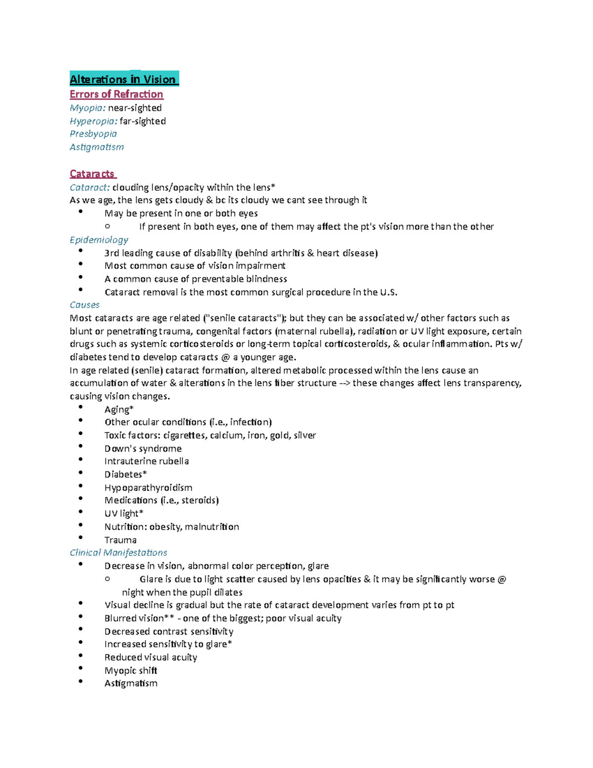 Alterations in Sensory Perception Lecture Notes - Alterations in Vision ...