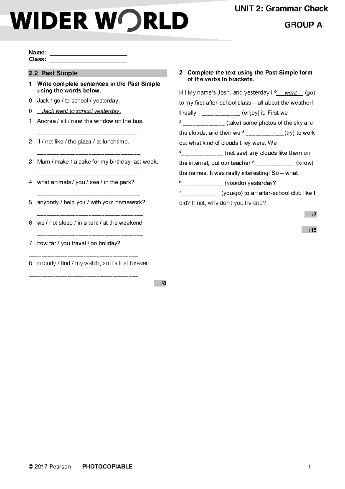 Widgb 3 GLC 2 2A - Wider world - © 2017 Pearson PHOTOCOPIABLE 1 UNIT 2 ...