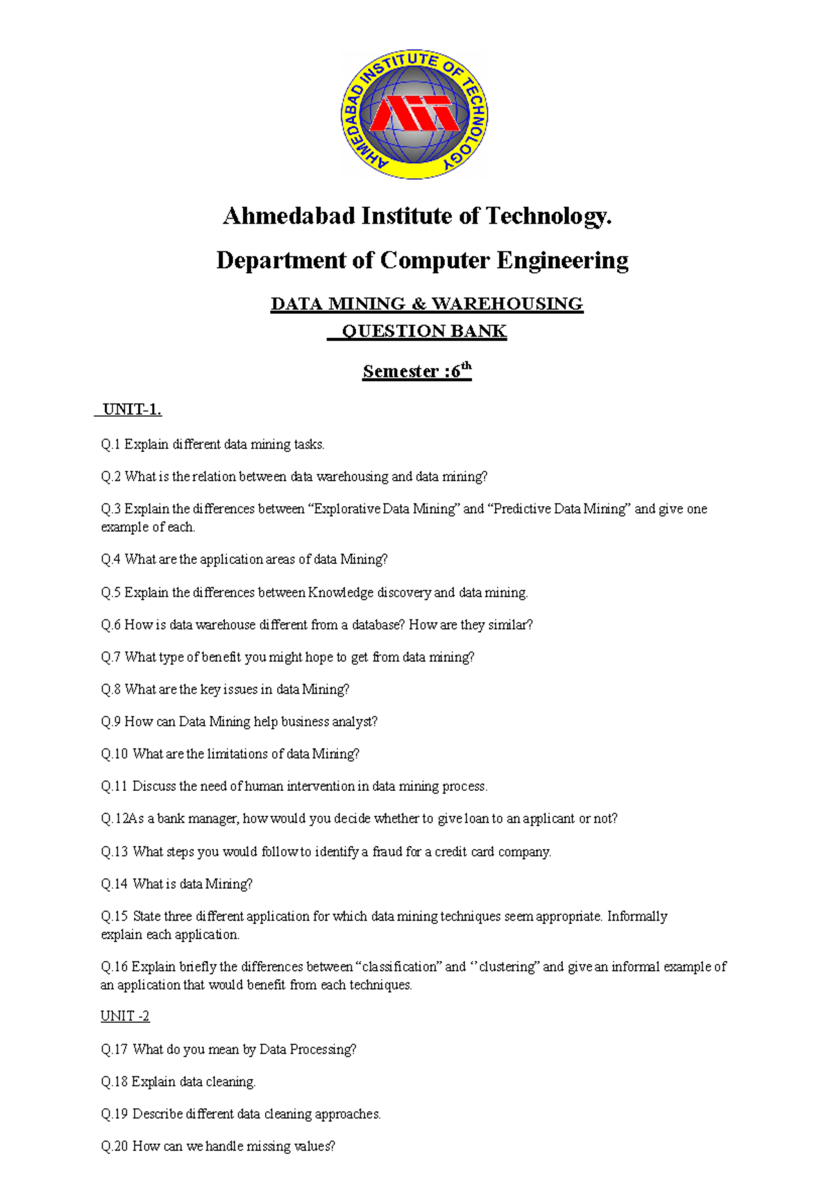 DM Question Bank - Ahmedabad Institute of Technology. Department of Computer Engineering DATA ...