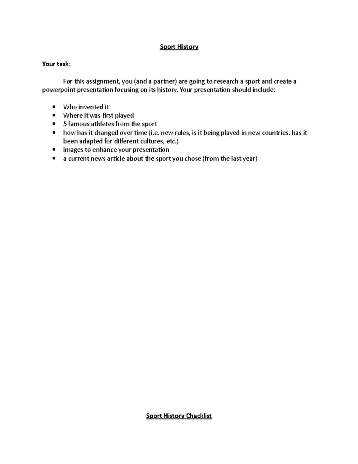 Unit 1-sport history - Sport History Your task: For this assignment ...