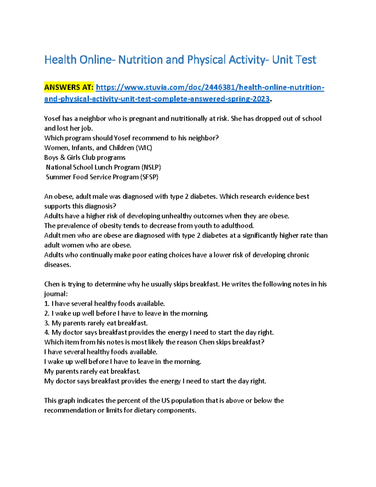 Health Online- Nutrition and Physical Activity- Unit Test - Yosef has a ...