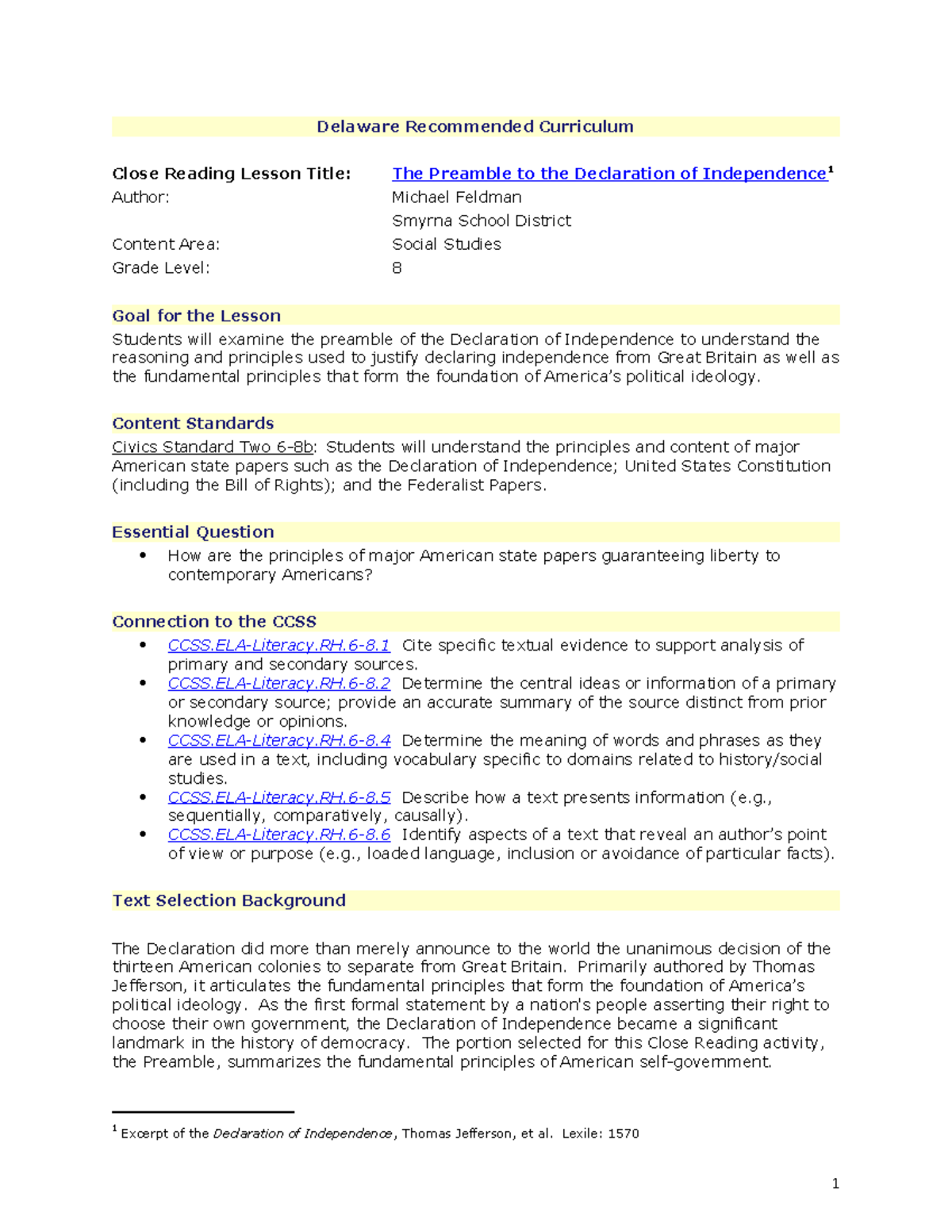 Declaration of Independence gr 8 close reading - Delaware Recommended ...