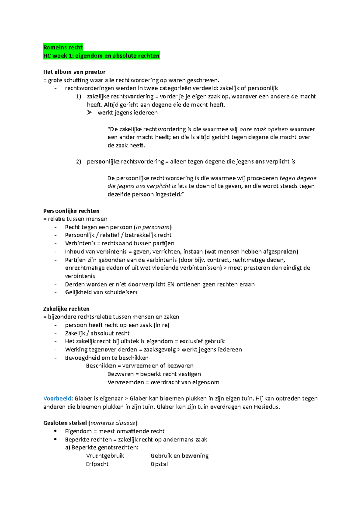 RR HC 1 eigendom en absolute rechten - Romeins recht HC week 1 ...